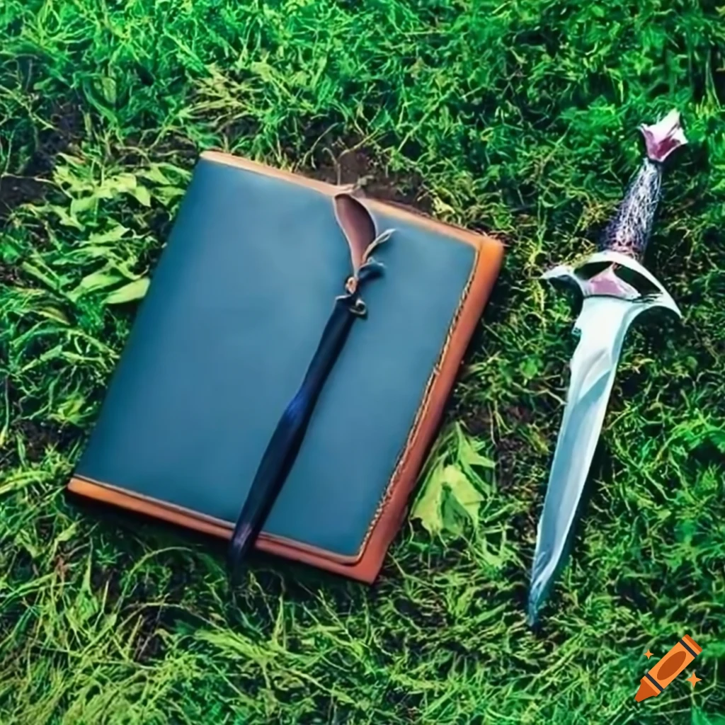 Leather notebook and fantasy dagger on green grass on Craiyon