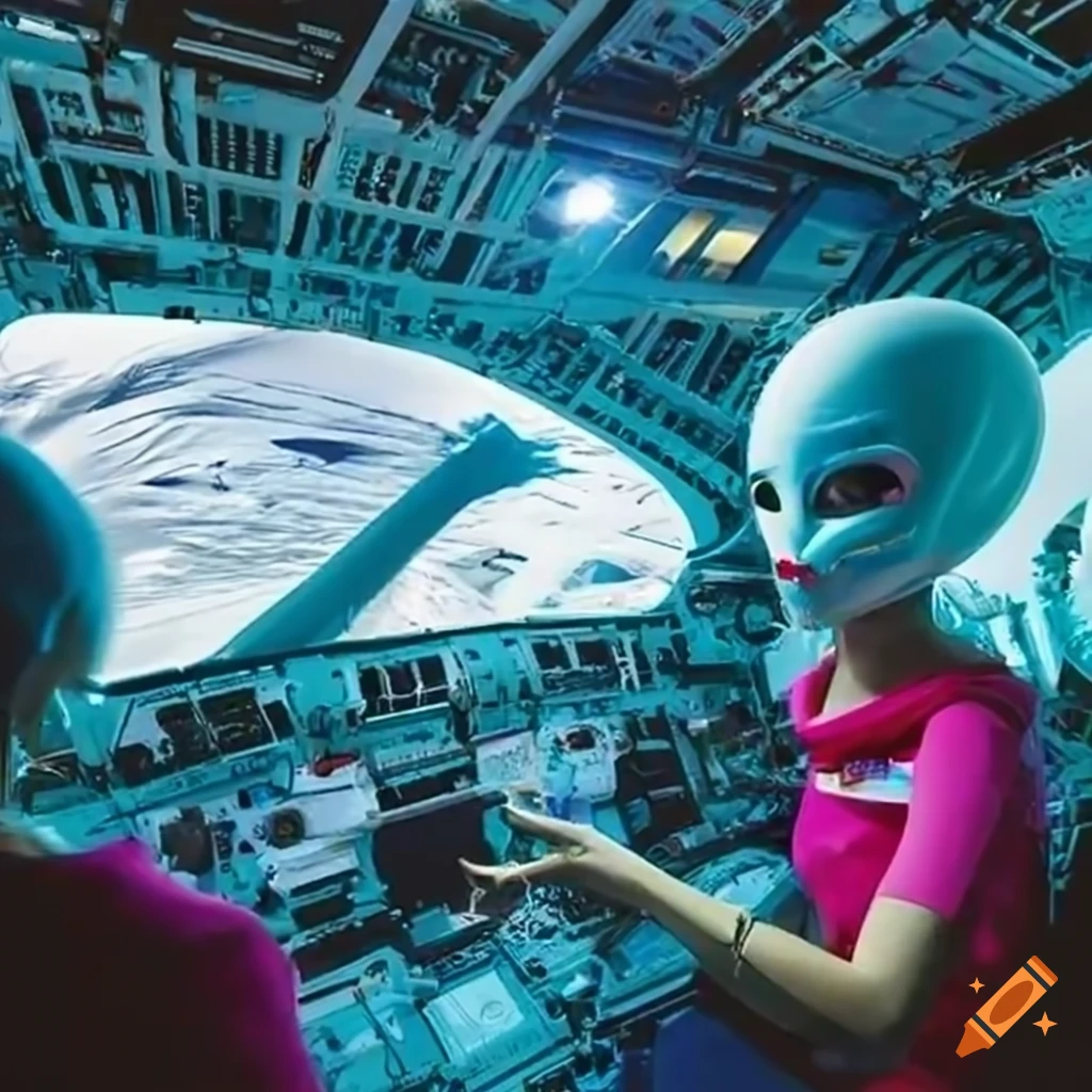 Group of five white alien women inside a spaceship on Craiyon