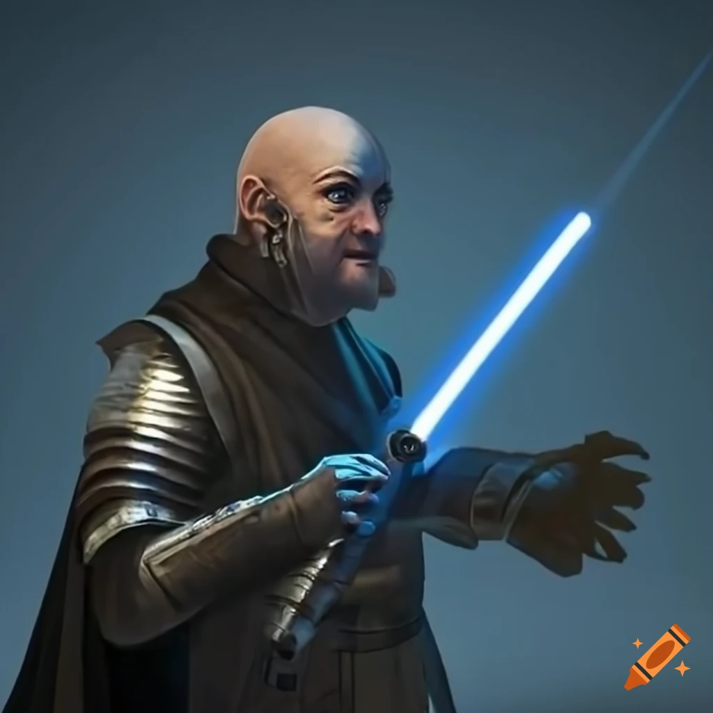 Energetic bald male pilot in black and silver armor inside the ancient ...