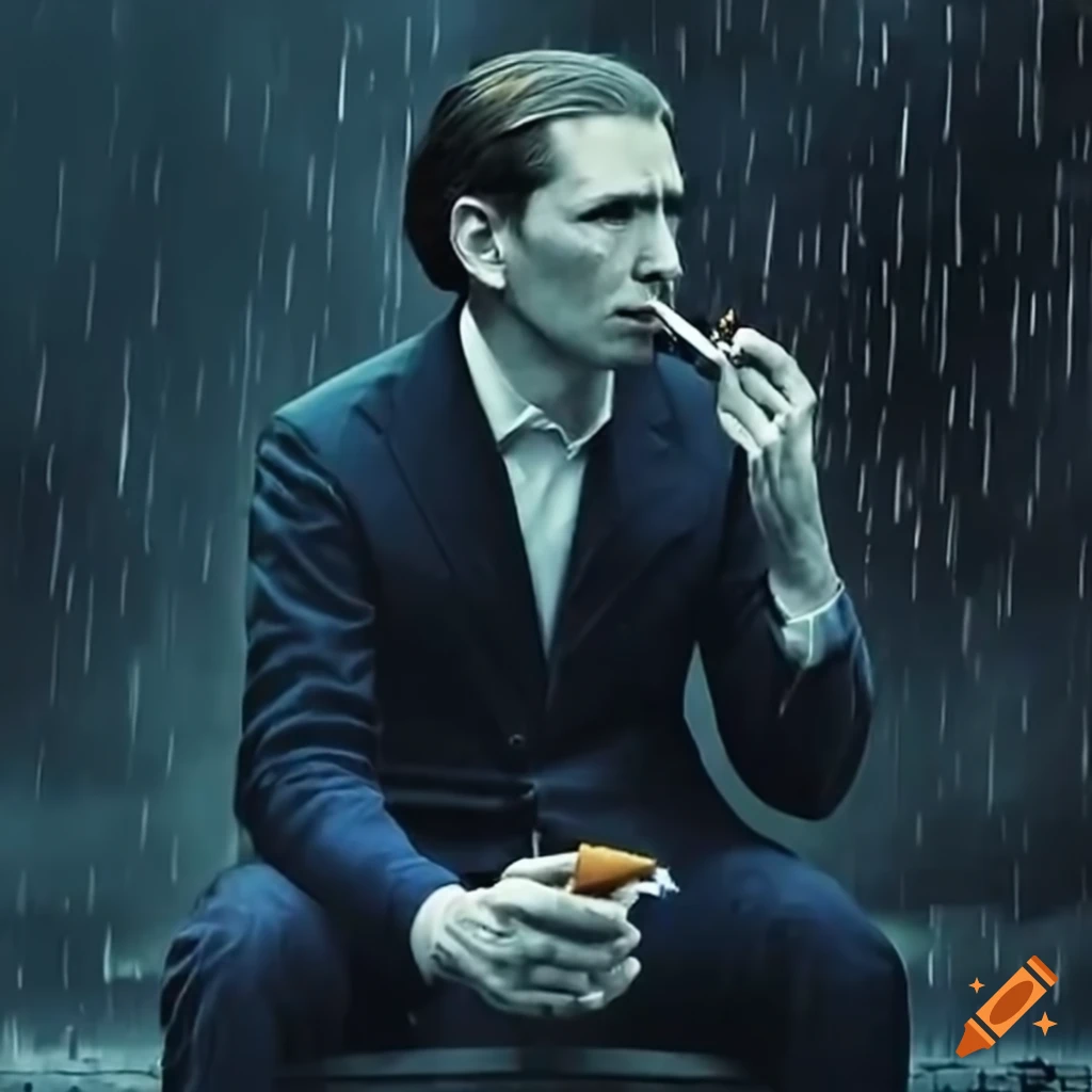 Sebastian kurz sitting in the rain and smoking a cigarette on Craiyon