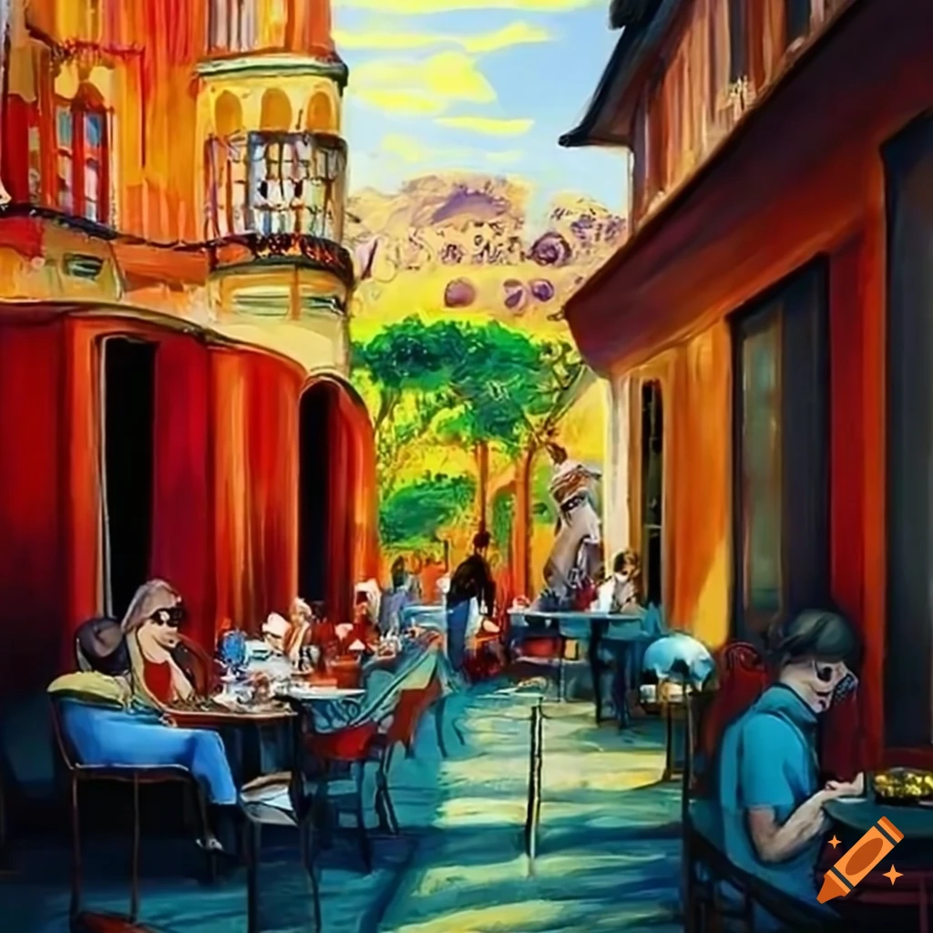 Café patio painting by dali on Craiyon