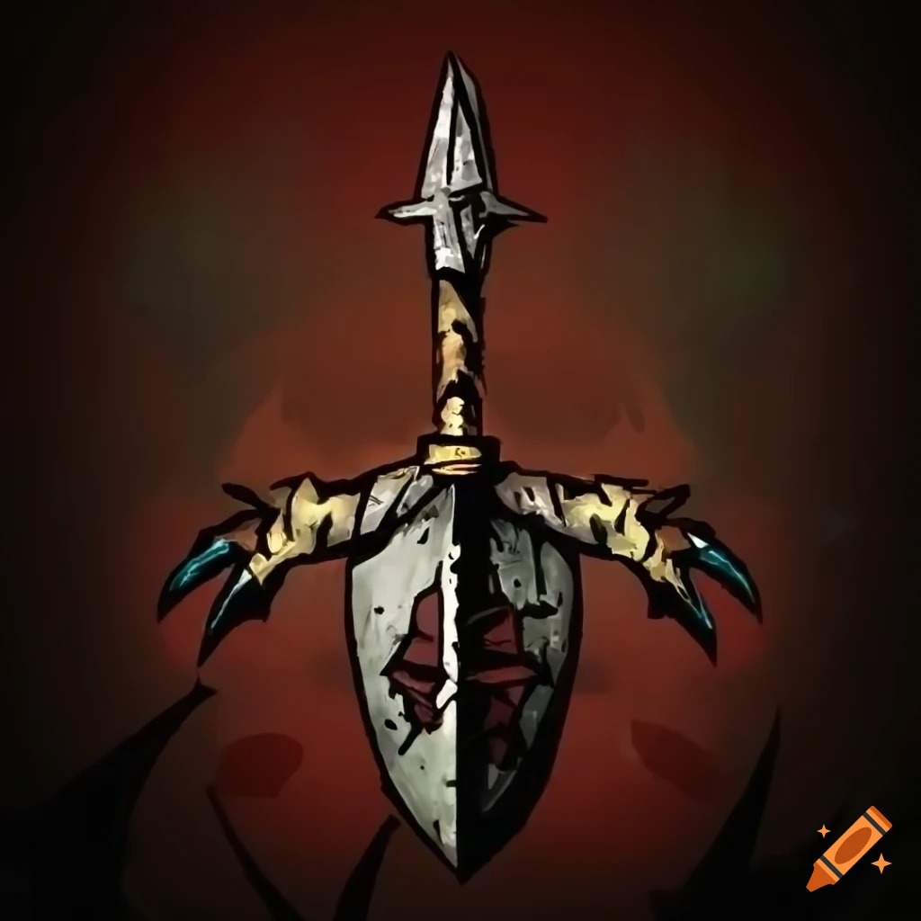 Darkest dungeon style spear and shield with feathers at a holy shrine ...