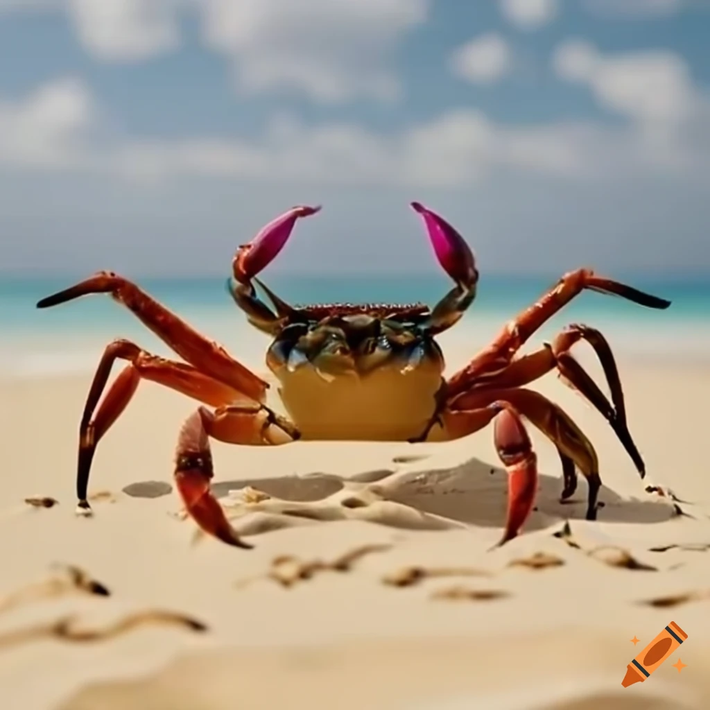 Crab on beach holding up claws on Craiyon