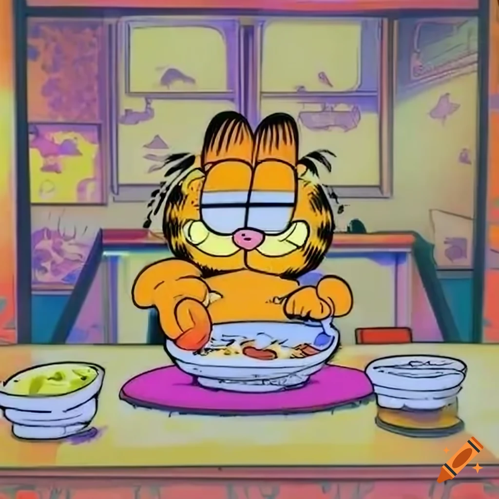 Vibrant anime artwork of garfield eating lasagna on Craiyon