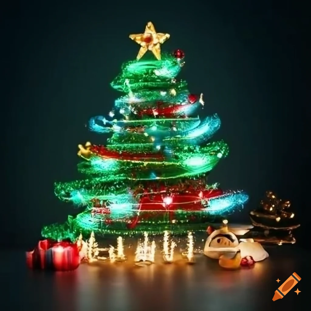 Surreal Christmas tree and decorations in contemporary art style with ...