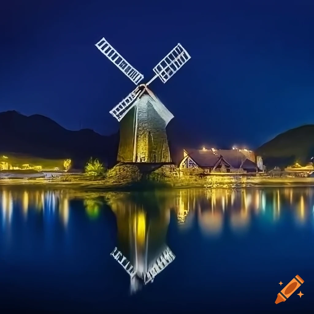 Windmill in mountain range by river with hotel lights at night on Craiyon