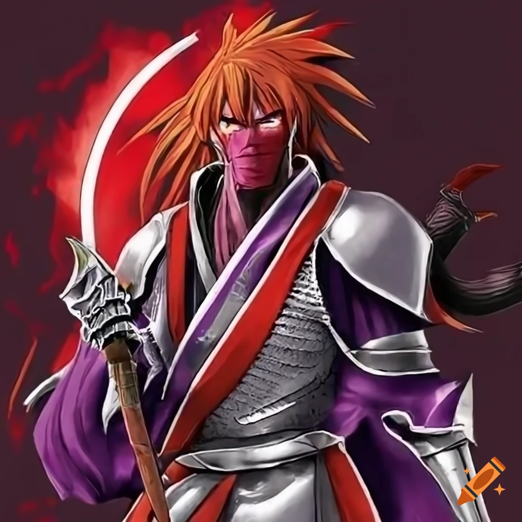 Kenshin Himura fusion Trigon in medieval armor with red scythe on Craiyon