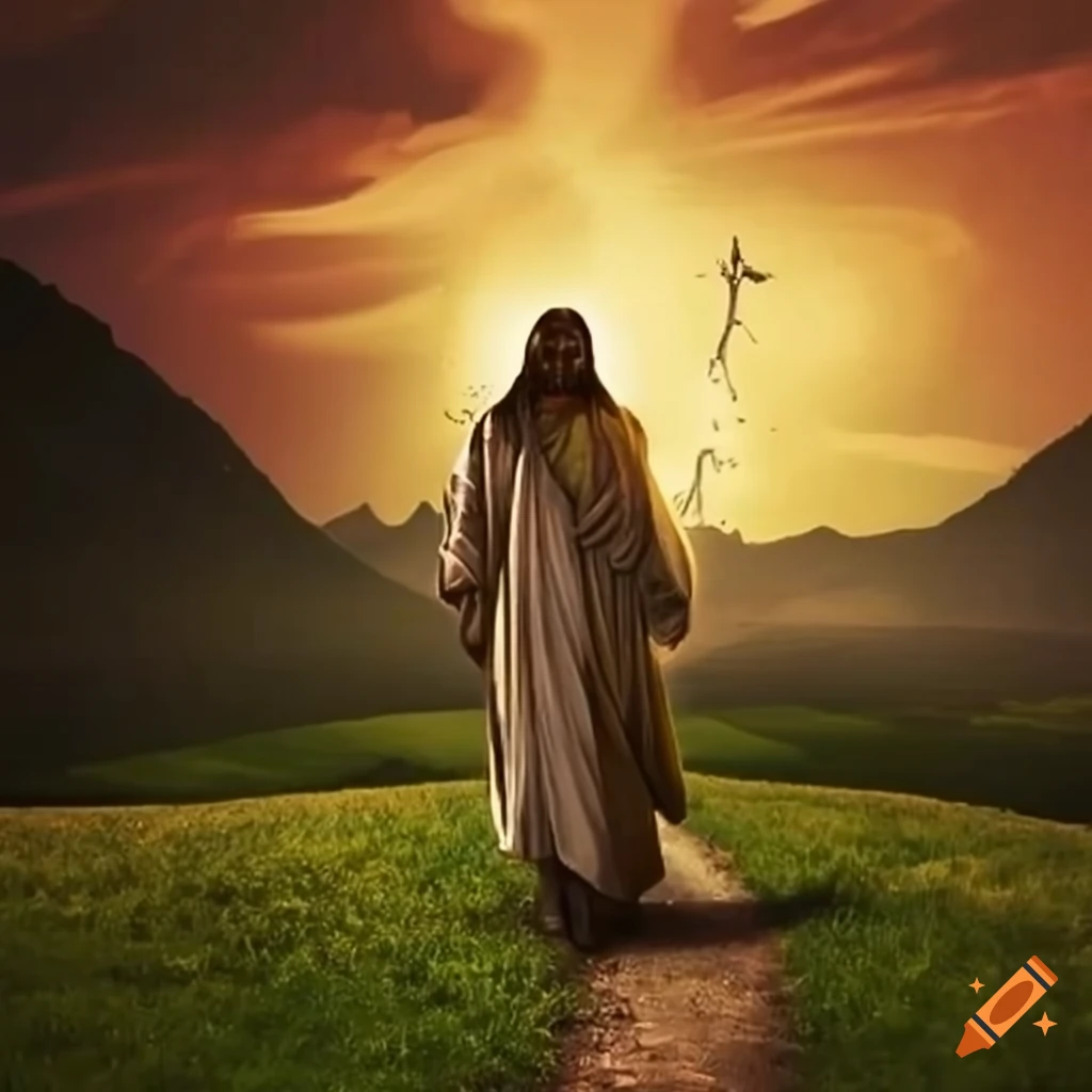 Jesus guiding towards a path through a meadow towards the mountains