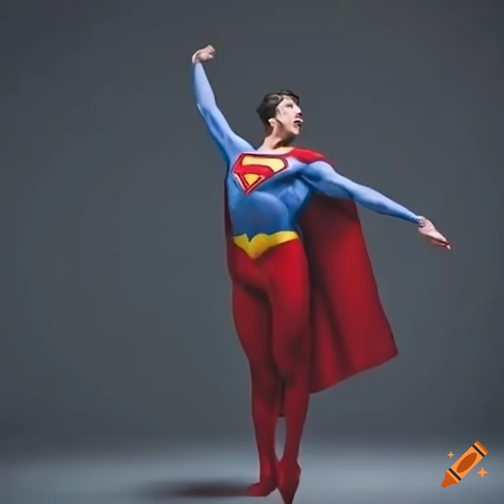 Superman striking an elegant ballet pose in his superhero suit on Craiyon