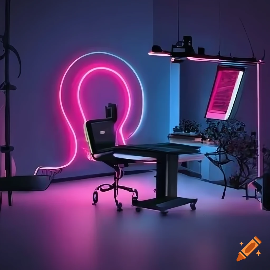Neon lit podcast studio
