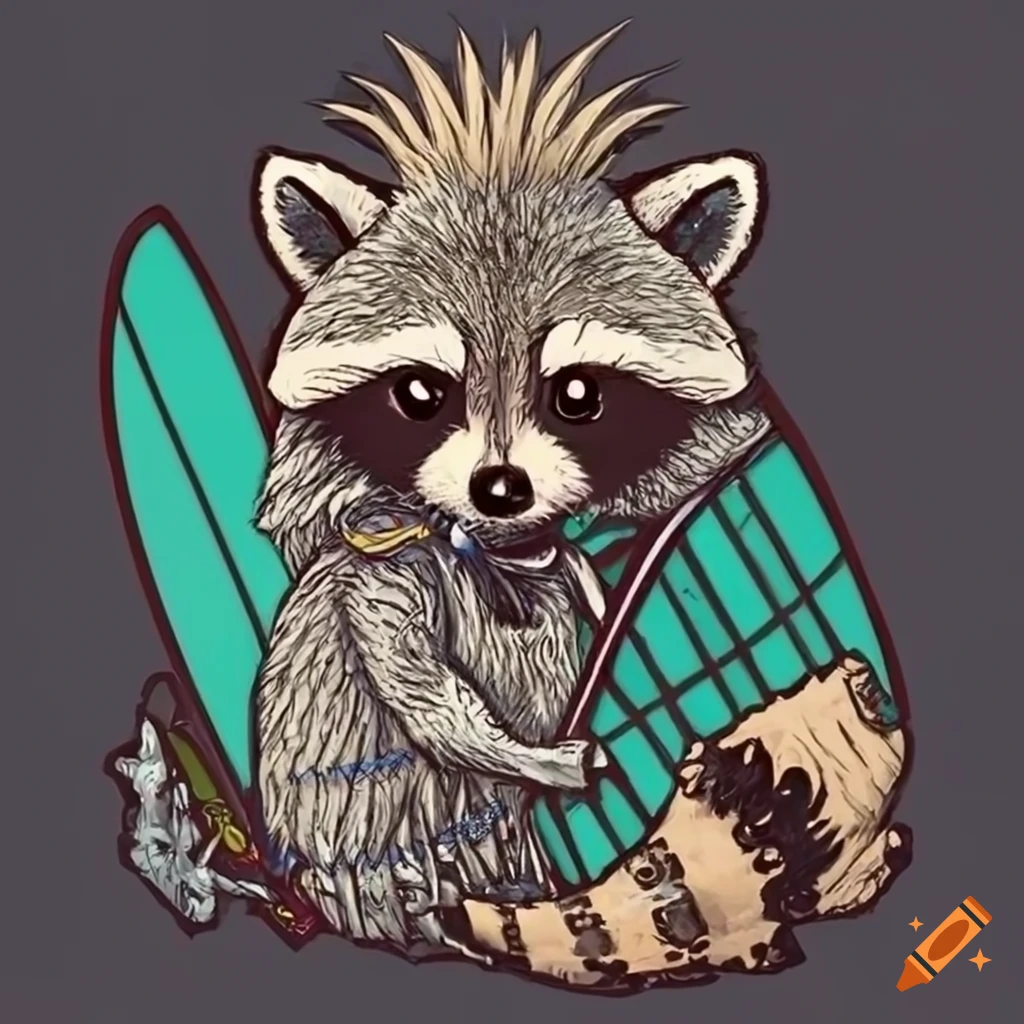 Punk raccoon with surfboard