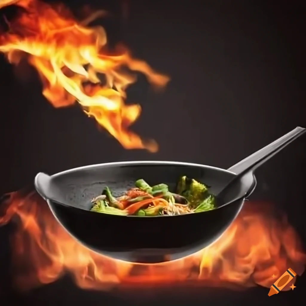 Stir fry vegetables and meat flying with fire
