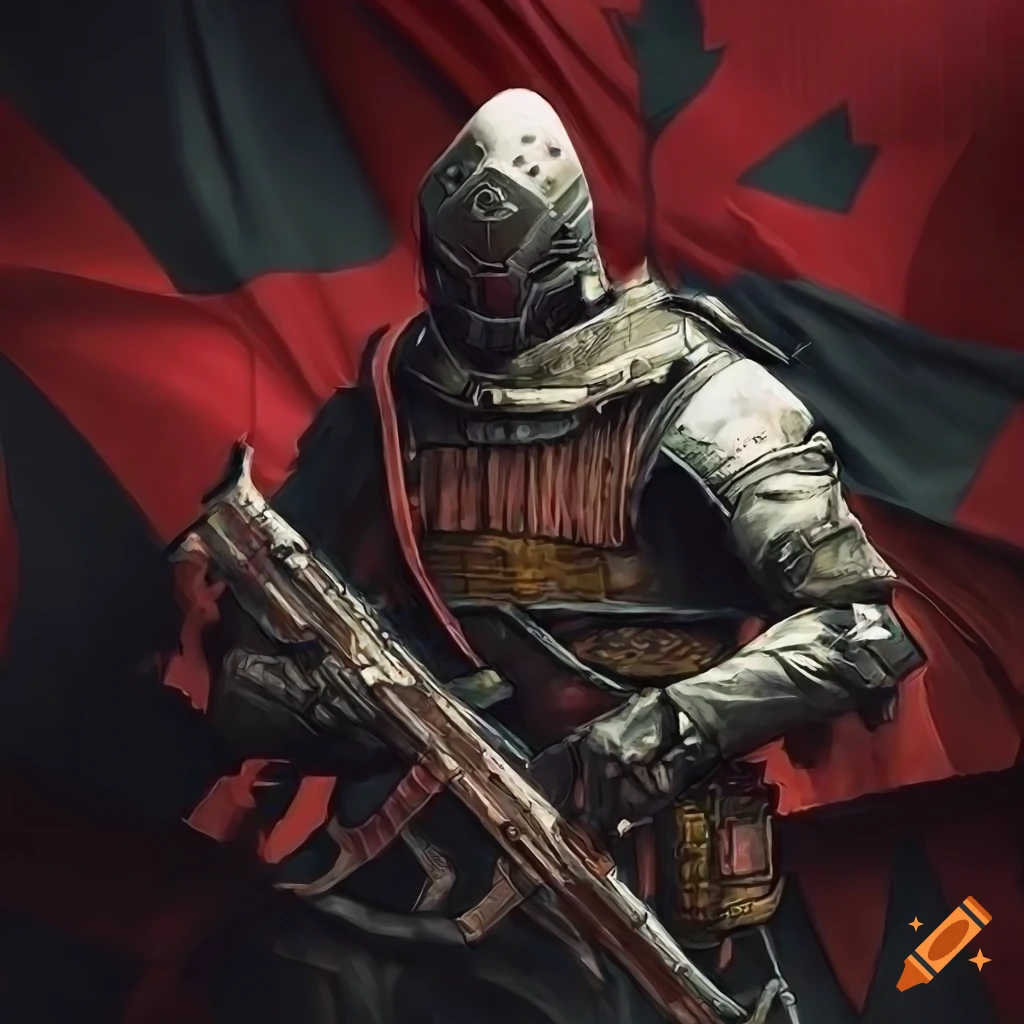Detailed illustration of a cyberpunk knight holding canadian flag
