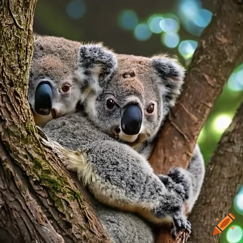 Five friendly koalas huddled together in trees