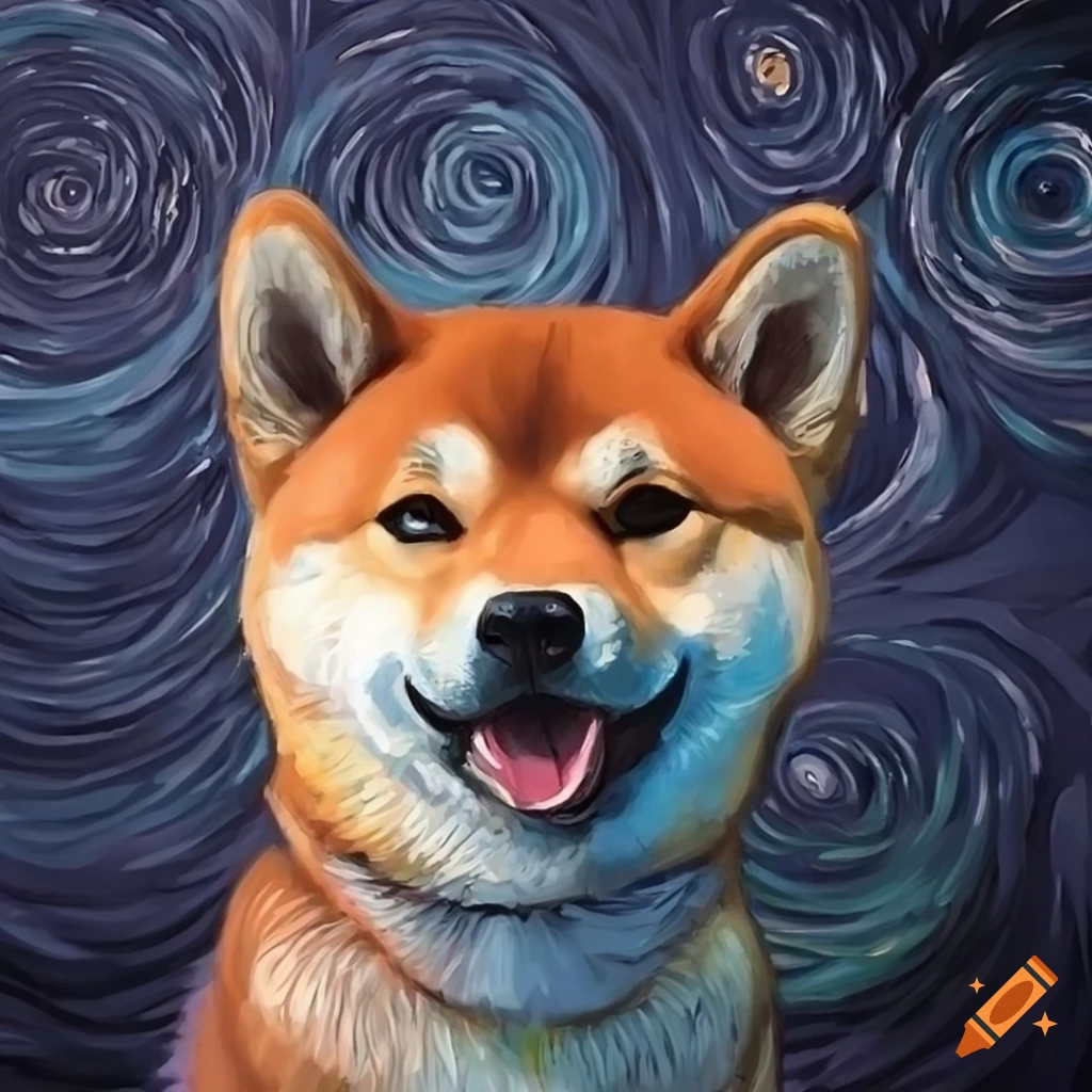 Hyper detailed portrait painting of a shiba inu in starry night style