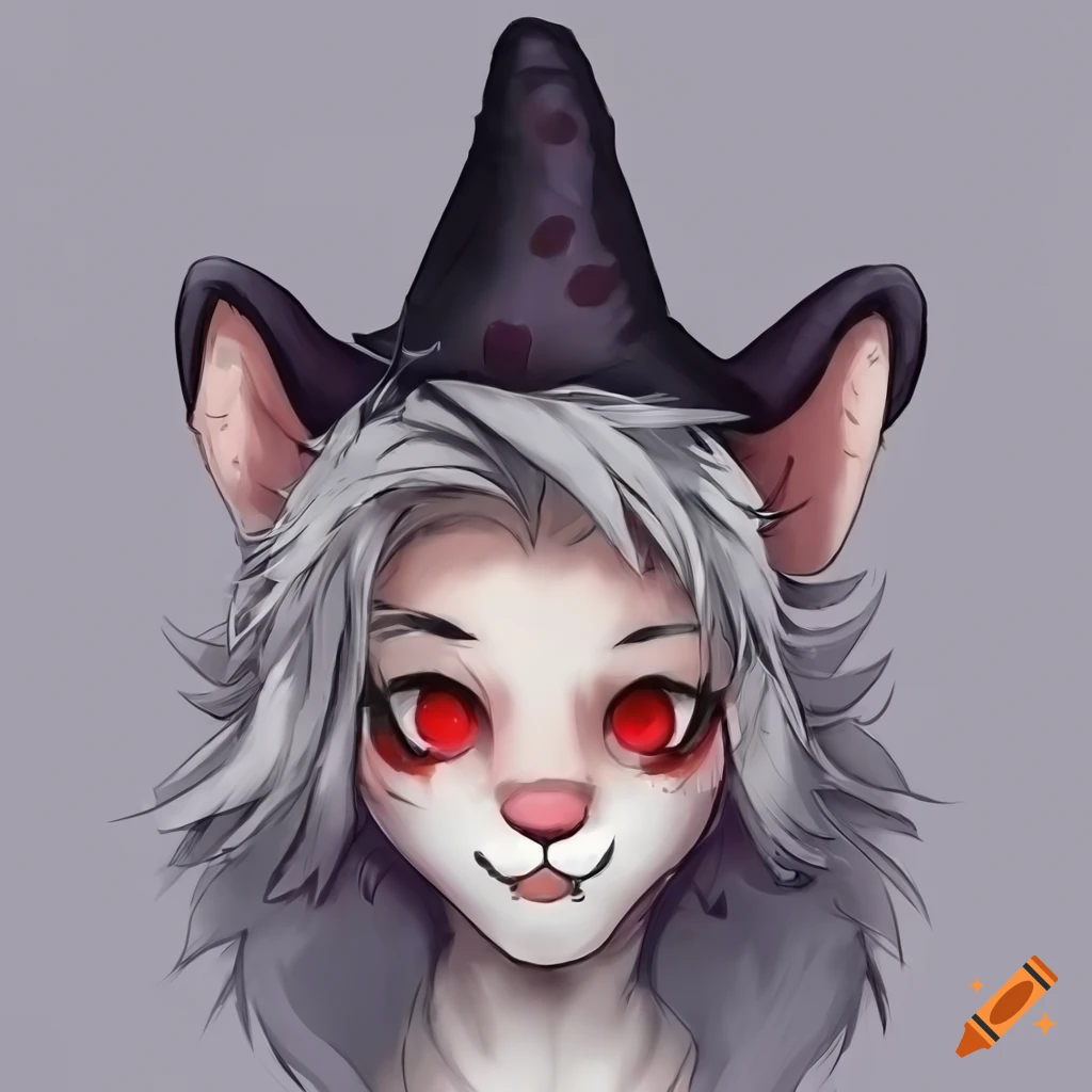 Furry witch with animal ears and paws, grey hair, and red eyes