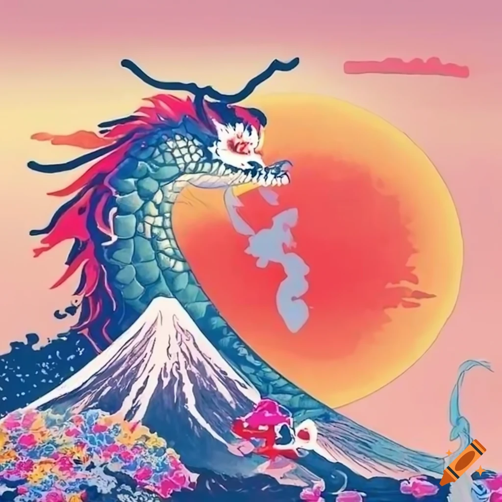 Illustrated mt. fuji and japanese dragon on a lovely day