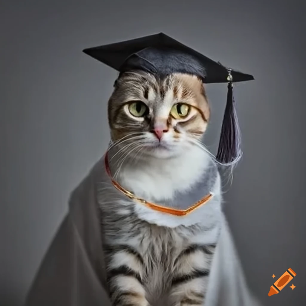 Cat with flat expression dressed in toga and engineering graduate attire