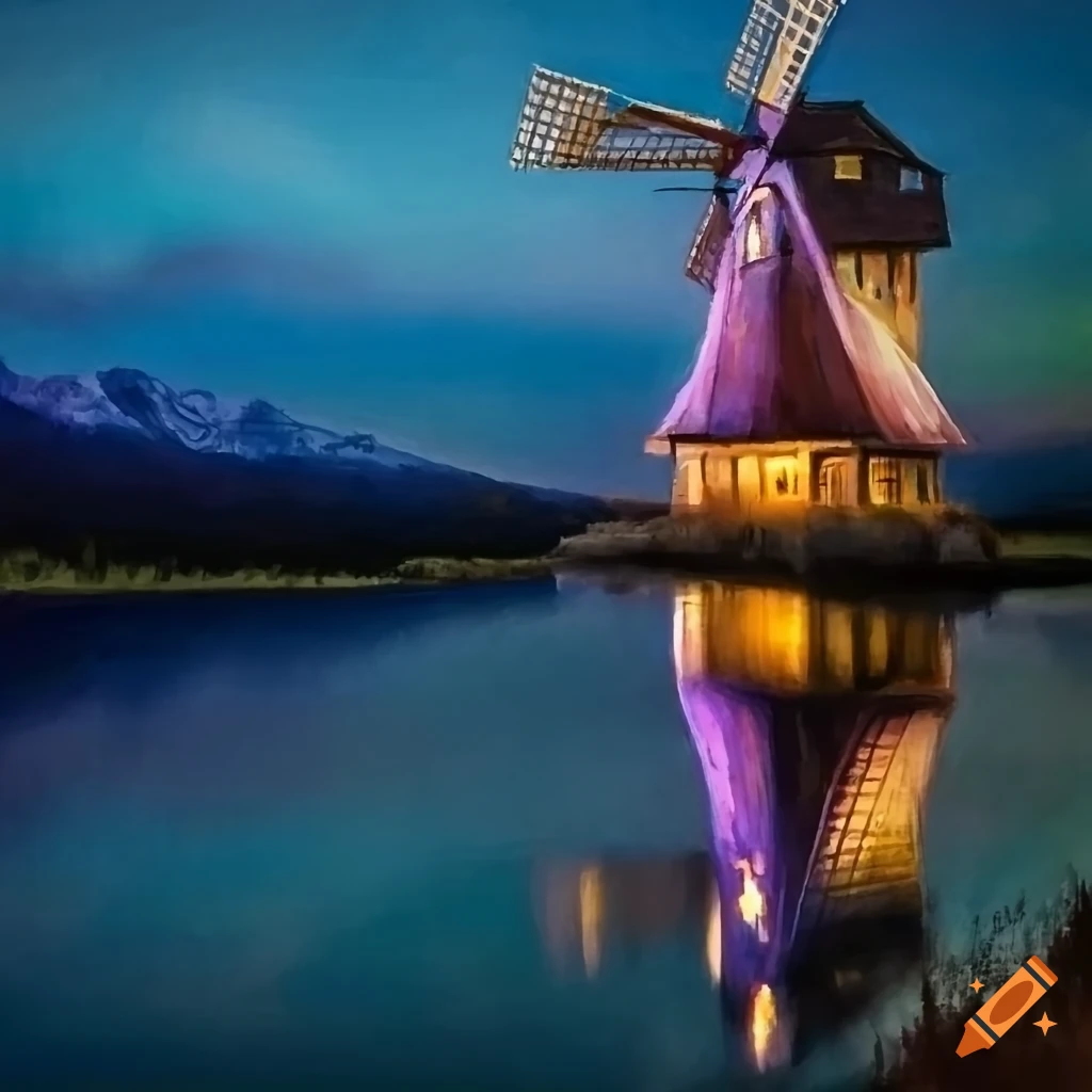 Windmill in mountain range by river with hotel at night on Craiyon
