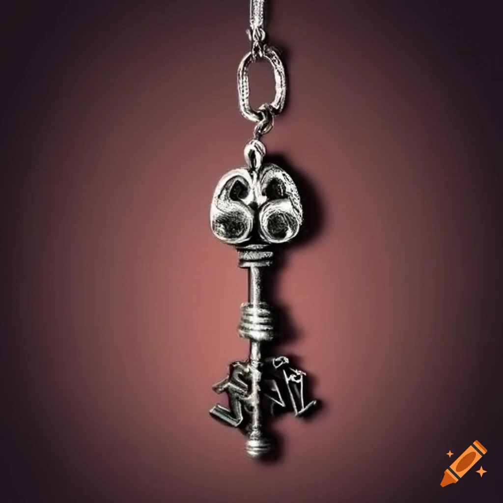 Delicately crafted ritual key on silver chain decorated with runes on ...