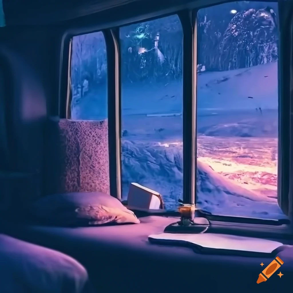 Cozy private train compartment with snowy scenery outside at dusk on ...