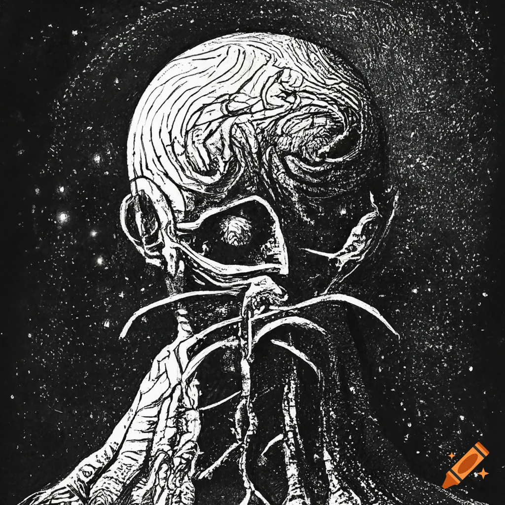 Black and white cosmic art in the style of zdzisław beksiński