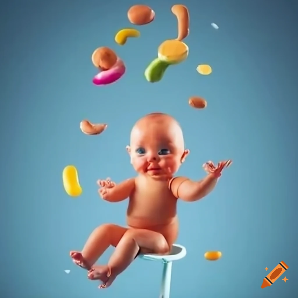 Baby made of food dropping from high chair in the sky on Craiyon