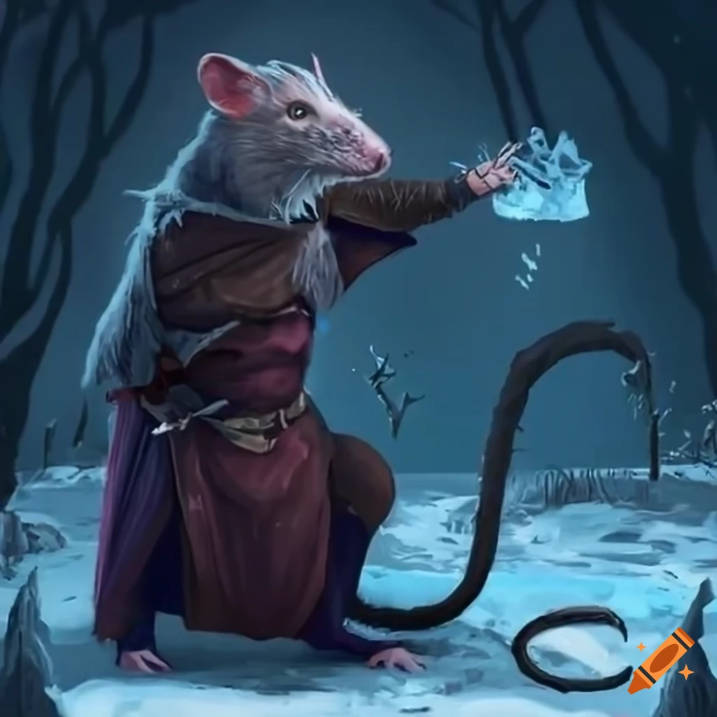 Rat-human hybrid magician casting ice spells in a snowy landscape on ...