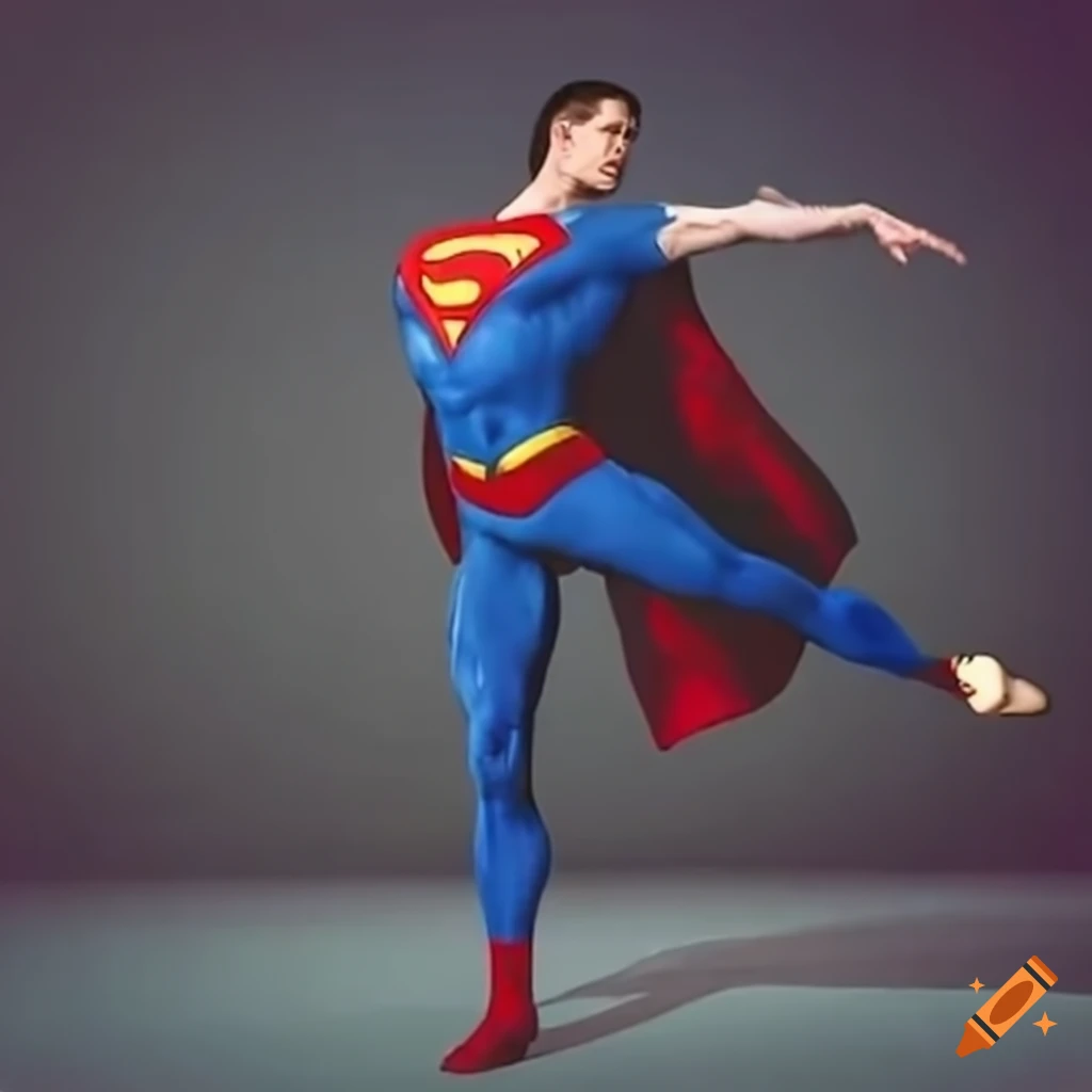 Superman striking an elegant ballet pose in his suit