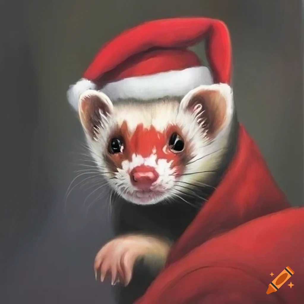 Oil painting of santa-ferret hybrid in a cage