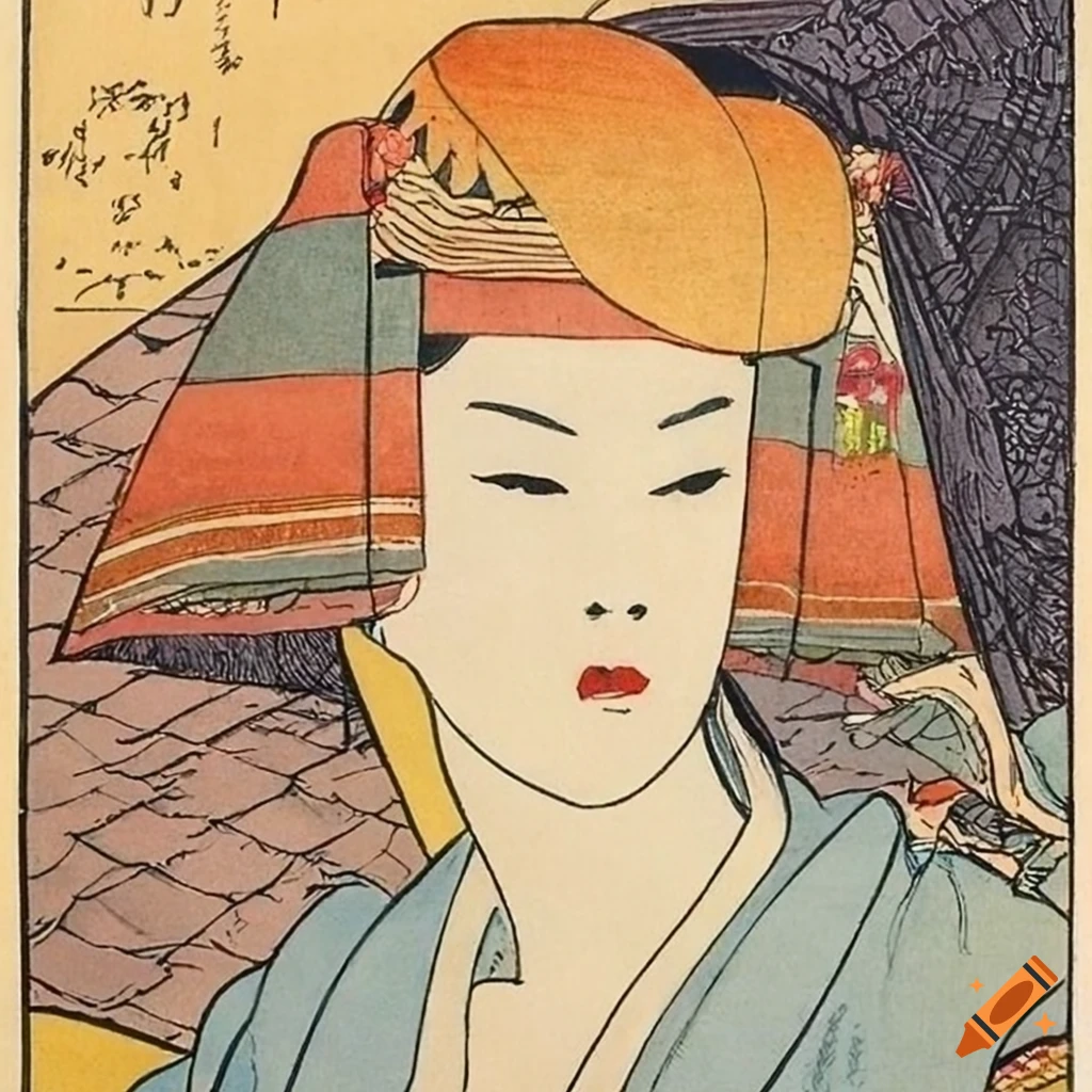 Edo woman in kimono depicted in Ukiyo-e style by Jean Giuard on Craiyon