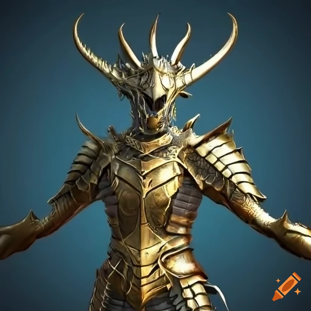 Humanoid dragon in detailed golden armor standing in a calm pose on Craiyon