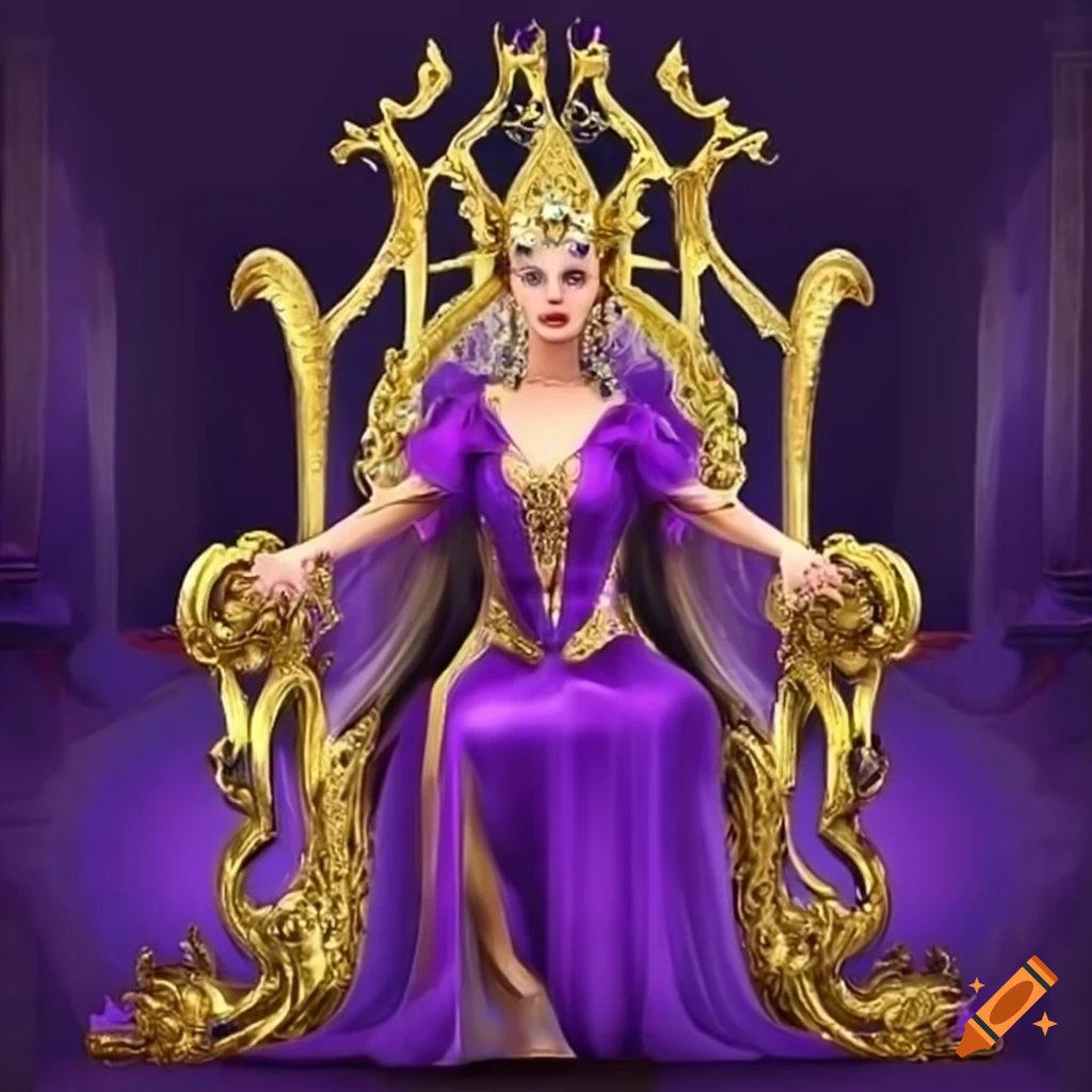 Queen seated on a royal purple and gold throne in a fantasy setting on ...