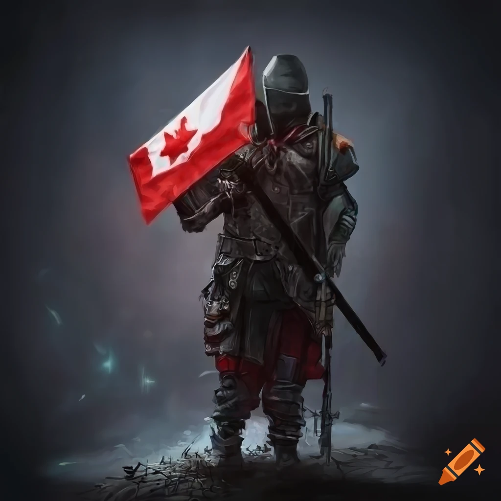 Cyberpunk knight holding Canadian flag in a post-apocalyptic panorama ...