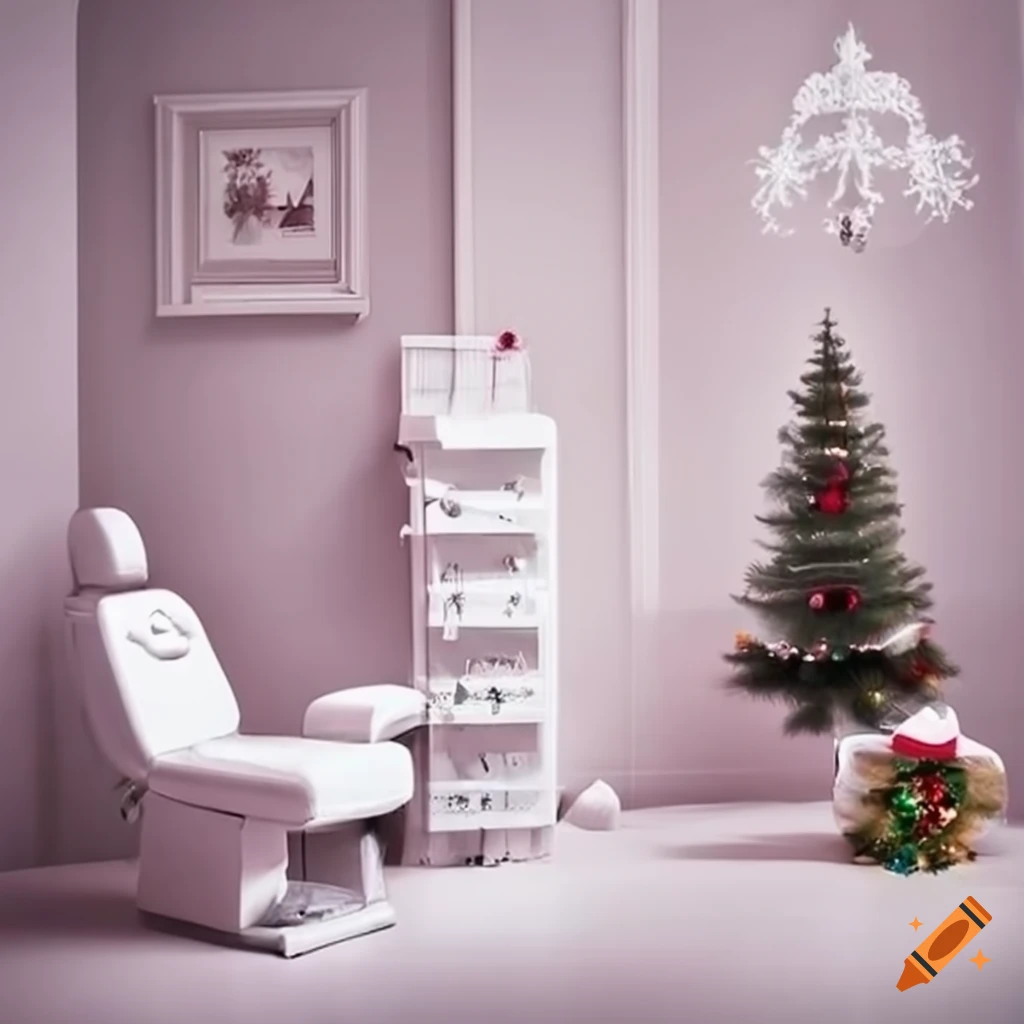 Small white beauty salon with a pedicure chair and a christmas tree