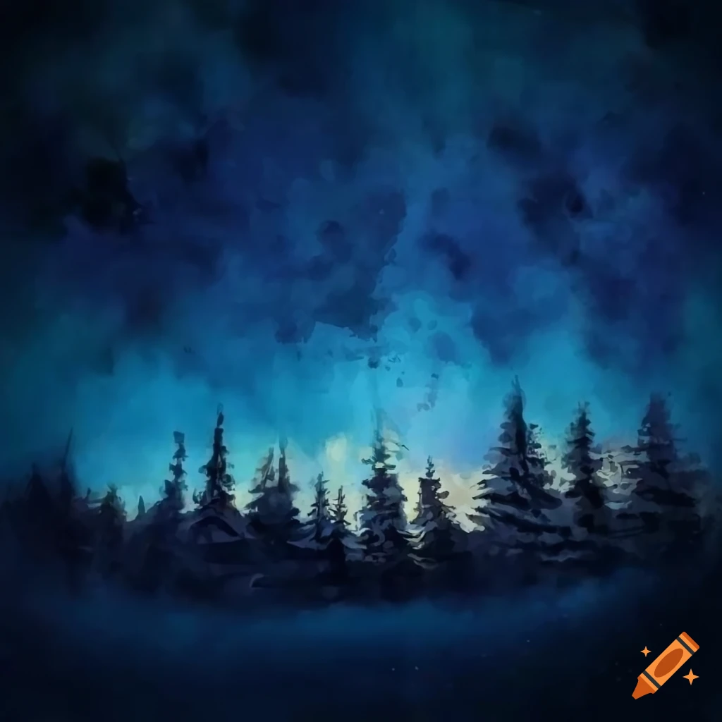 Wintry forest at night with colorful fireworks in the sky on Craiyon