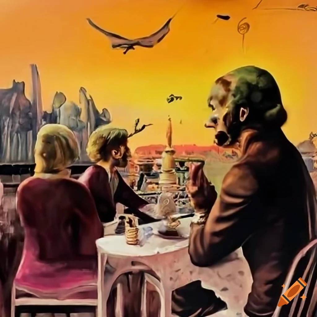 Café patio with seated customers in a dali painting on Craiyon