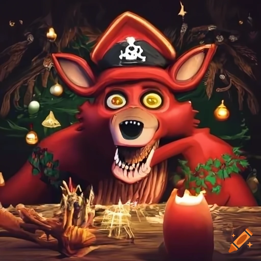 Foxy the pirate in front of a christmas tree