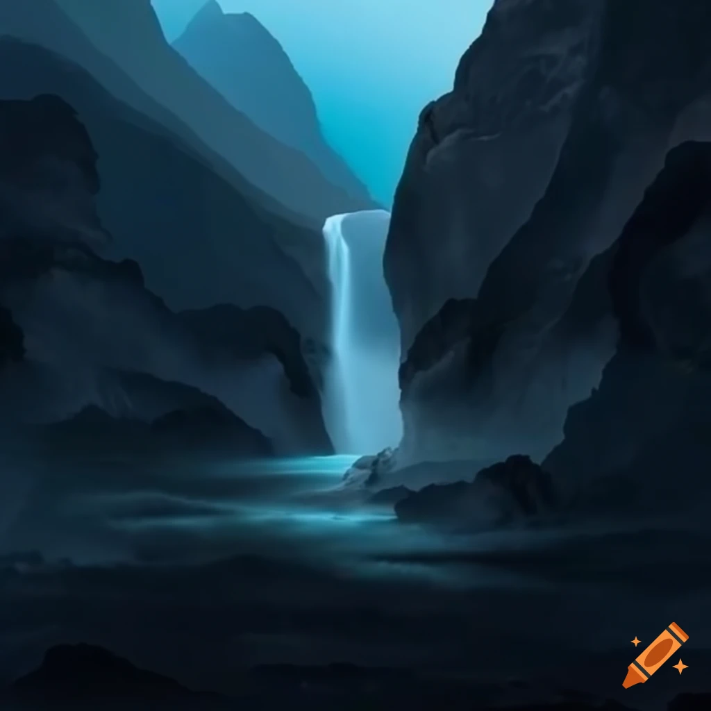 Volcanic landscape with waterfall and glacier stream on Craiyon