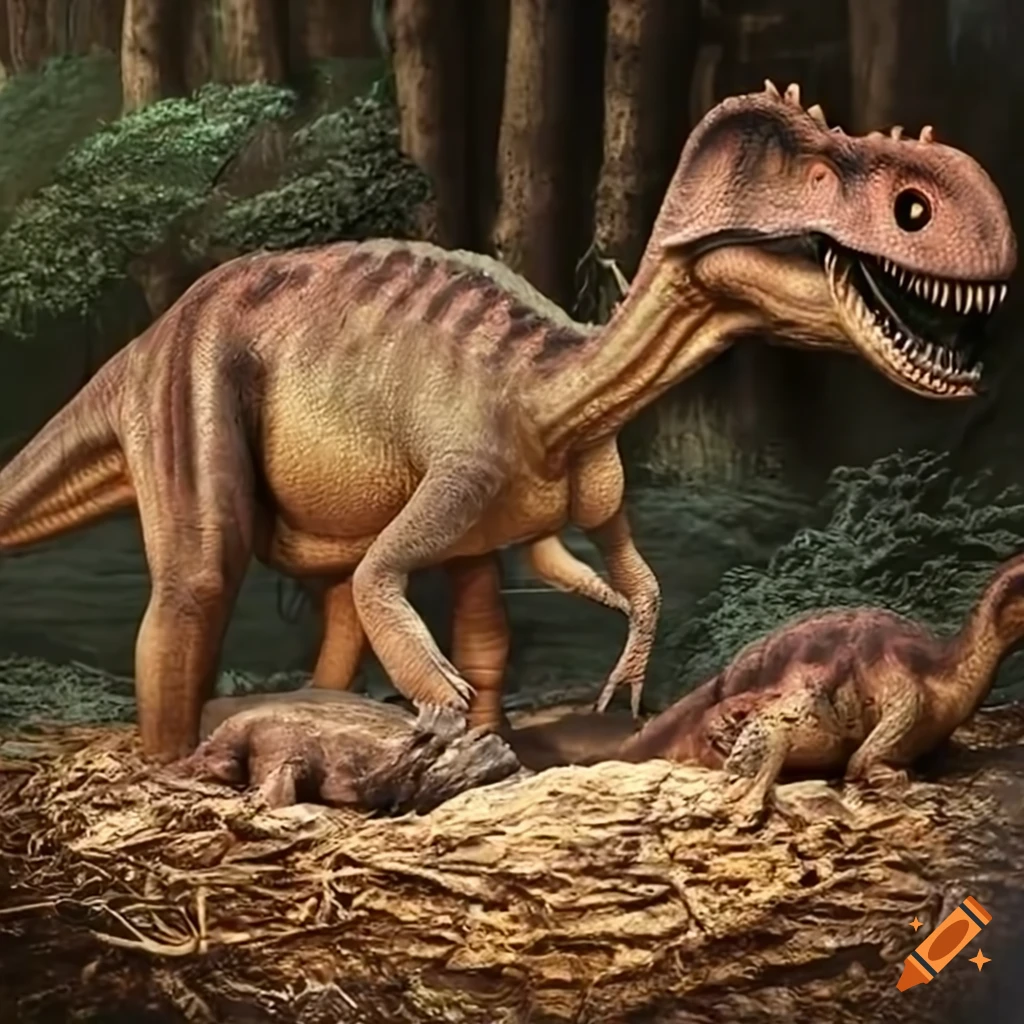 Cute Hadrosaurus dinosaurs hatching in their nests on Craiyon