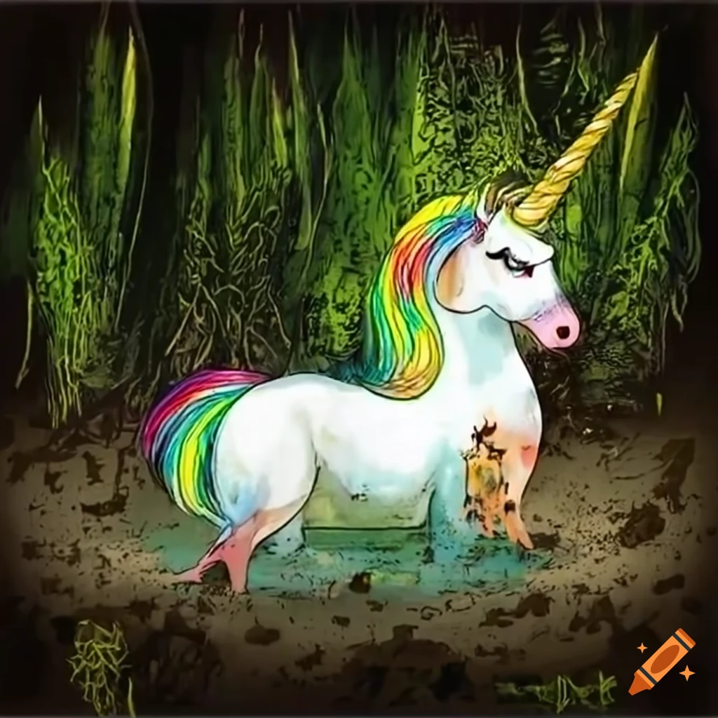 Colorful unicorn trapped in a muddy swamp on Craiyon