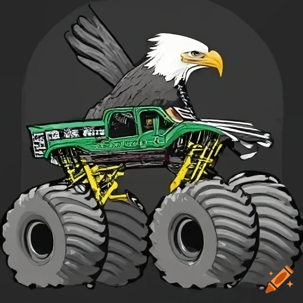 Monster truck jumping over a bald eagle