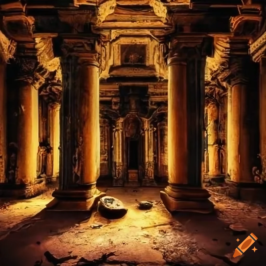 Old abandoned temple room with ancient scrolls and artifacts on Craiyon