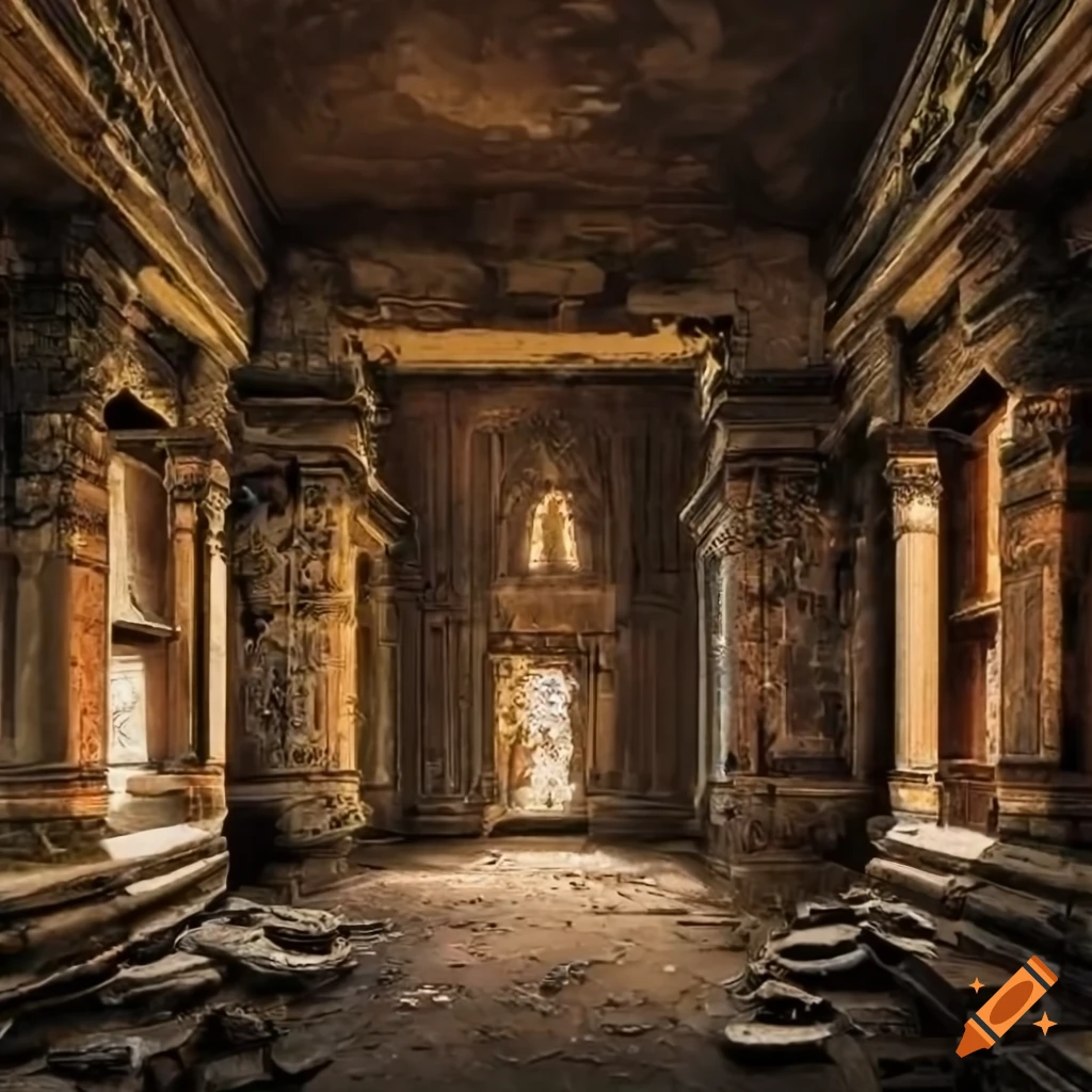 Interior of a large abandoned temple room with ancient scrolls and ...