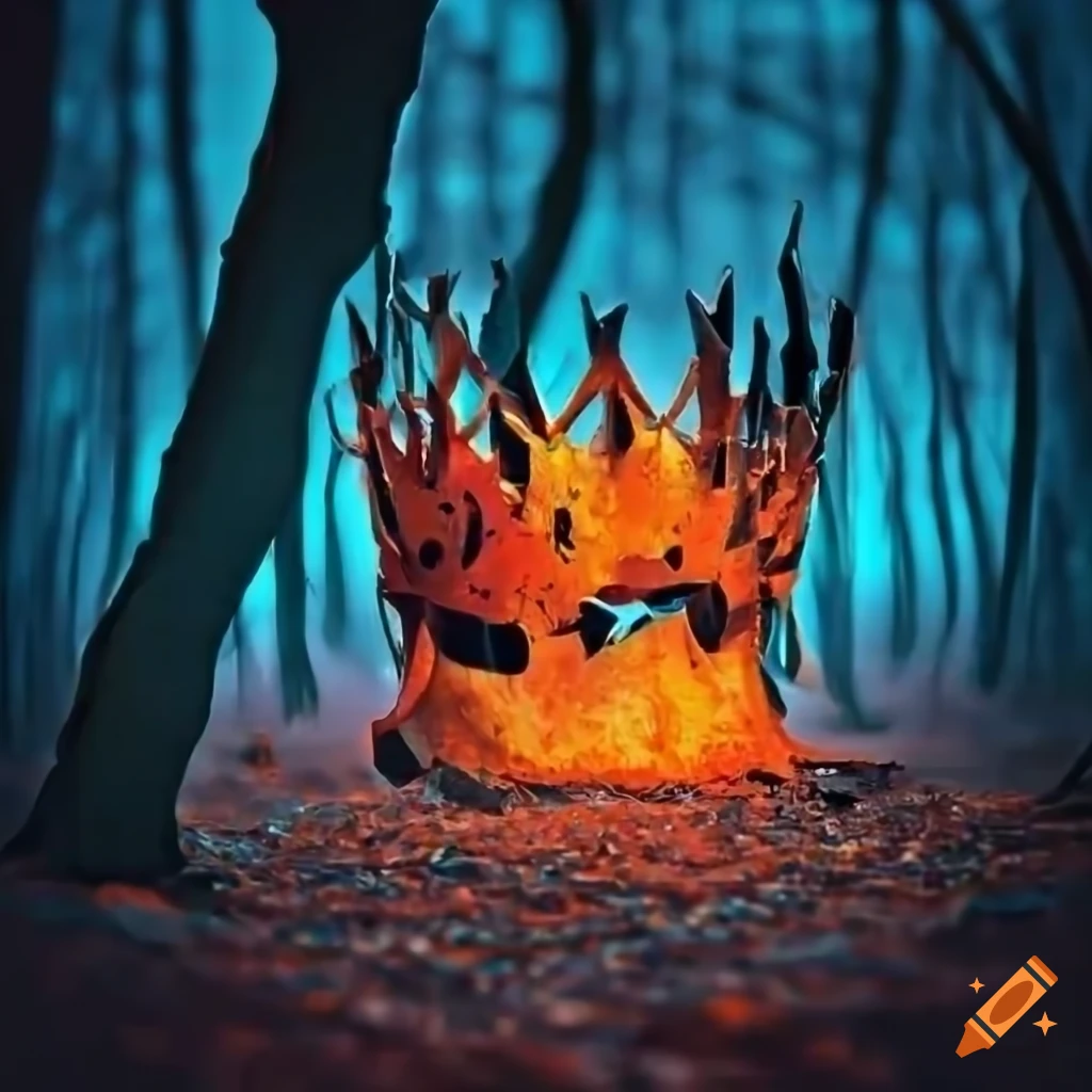 Eerie image of a broken crown in a mysterious forest
