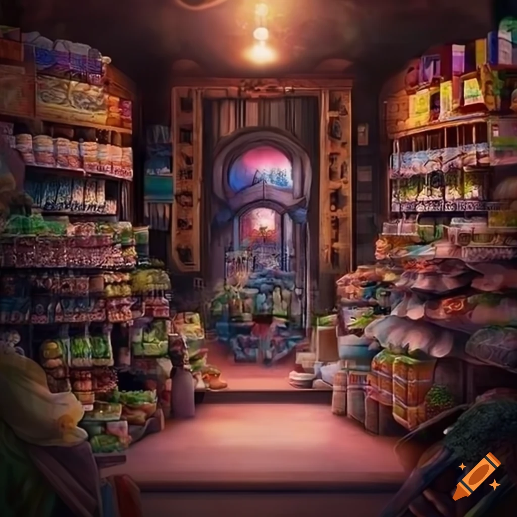 Surreal digital artwork of a mystical grocery store
