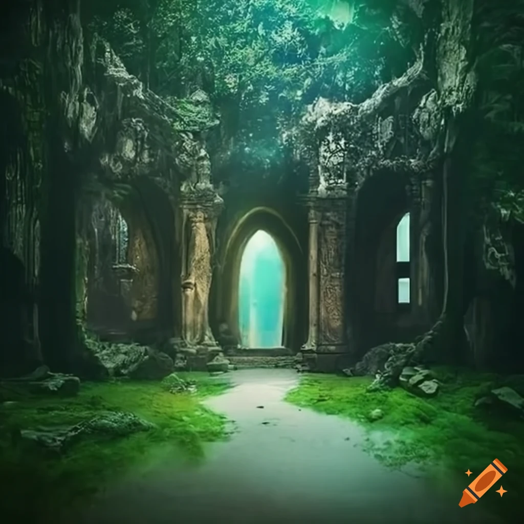 Crumbling temple ruin in the midst of an enchanted forest on Craiyon