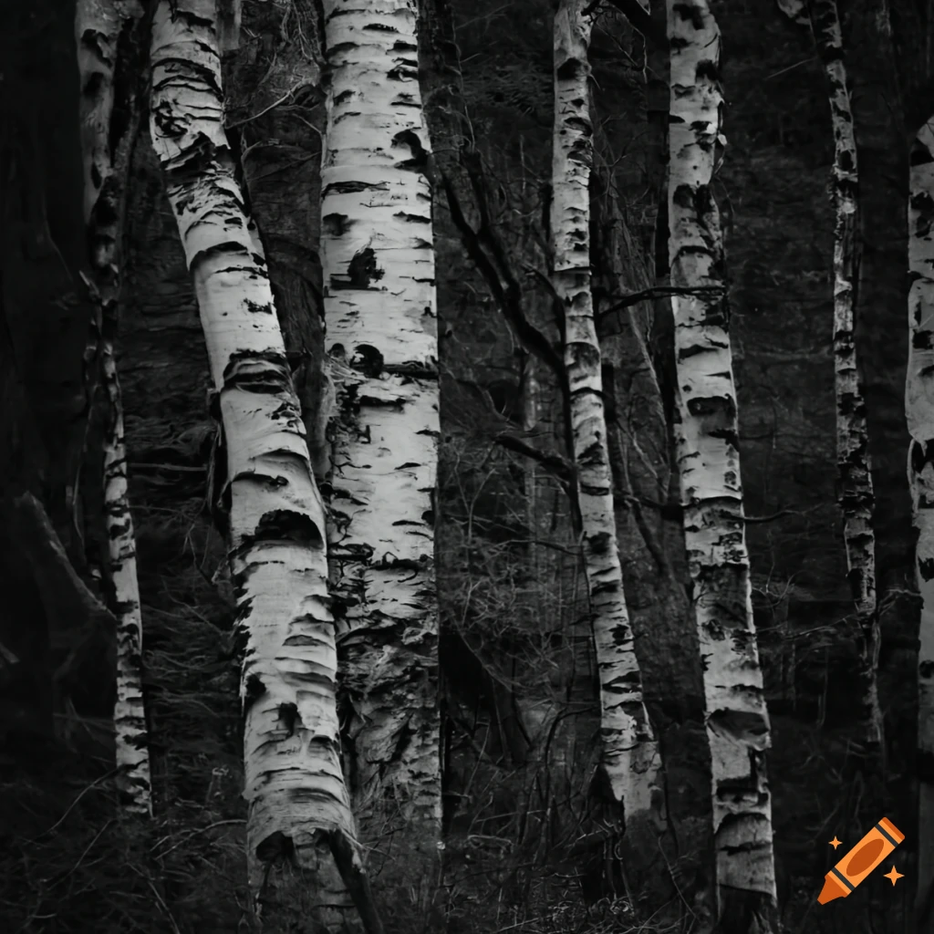 Wendigo barely visible, hidden between the young growth of birch trees
