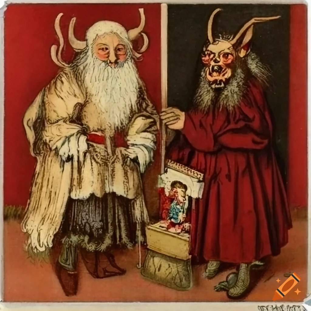Vintage victorian christmas card with krampus claus