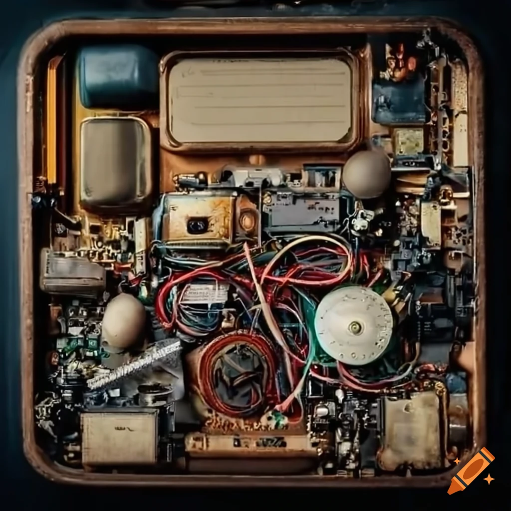 Interior of a vintage analog radio with wires and parts on Craiyon